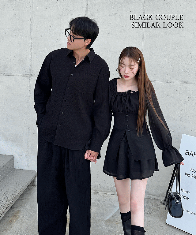 단독🖤 여름까지쭉~ 시스루 린넨 블랙 커플룩 시밀러룩 여자 블라우스 허리 잘록 투피스 팬트 세트 남자 오버핏 린넨 플리츠 얇은 여름 셔츠 커플코디 셋업 데이트룩 에이블리