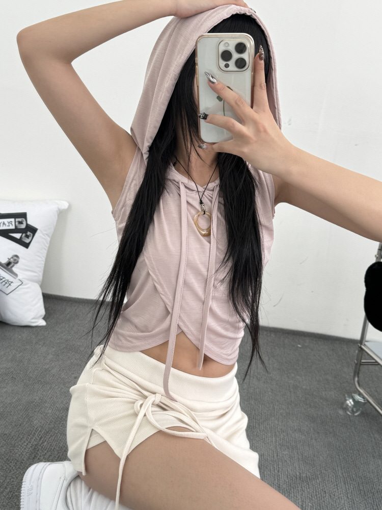 y2k 더 언발 랩 라인 후드 크롭 나시 탑(4color) - 에이블리