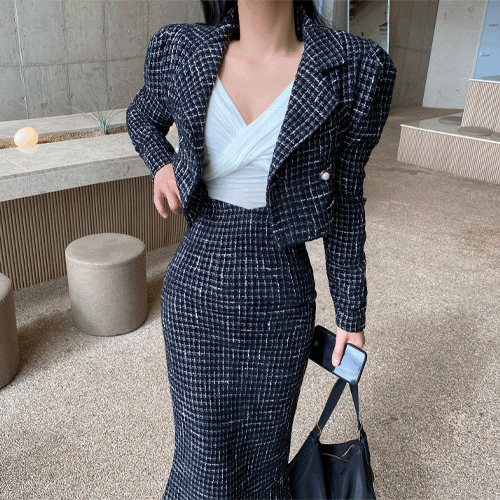 레논 트위드 자켓 스커트 셋업 크롭 퍼프 패드 롱 머메이드 트임 하이웨스트 하객룩 세트 Set 투피스 결혼식 에이블리