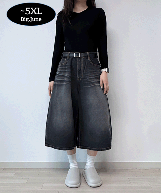 [~110 5XL 빅사이즈👖청 버뮤다팬츠]넉넉핏/워싱🧡하이웨스트 빈티지 밴딩 남녀공용 벌룬핏 3컬러 볼륨 연청 진청 흑청 와이드 반바지 벌룬핏 청버뮤다[728] - 에이블리