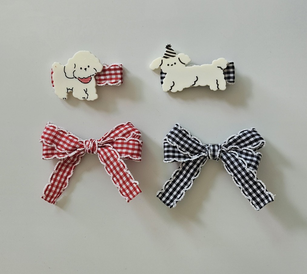 댕댕이와 체크리본핀 어린이핀 유아핀 키즈핀 리본핀 어린이집선물 귀여운핀 세트핀 - 에이블리