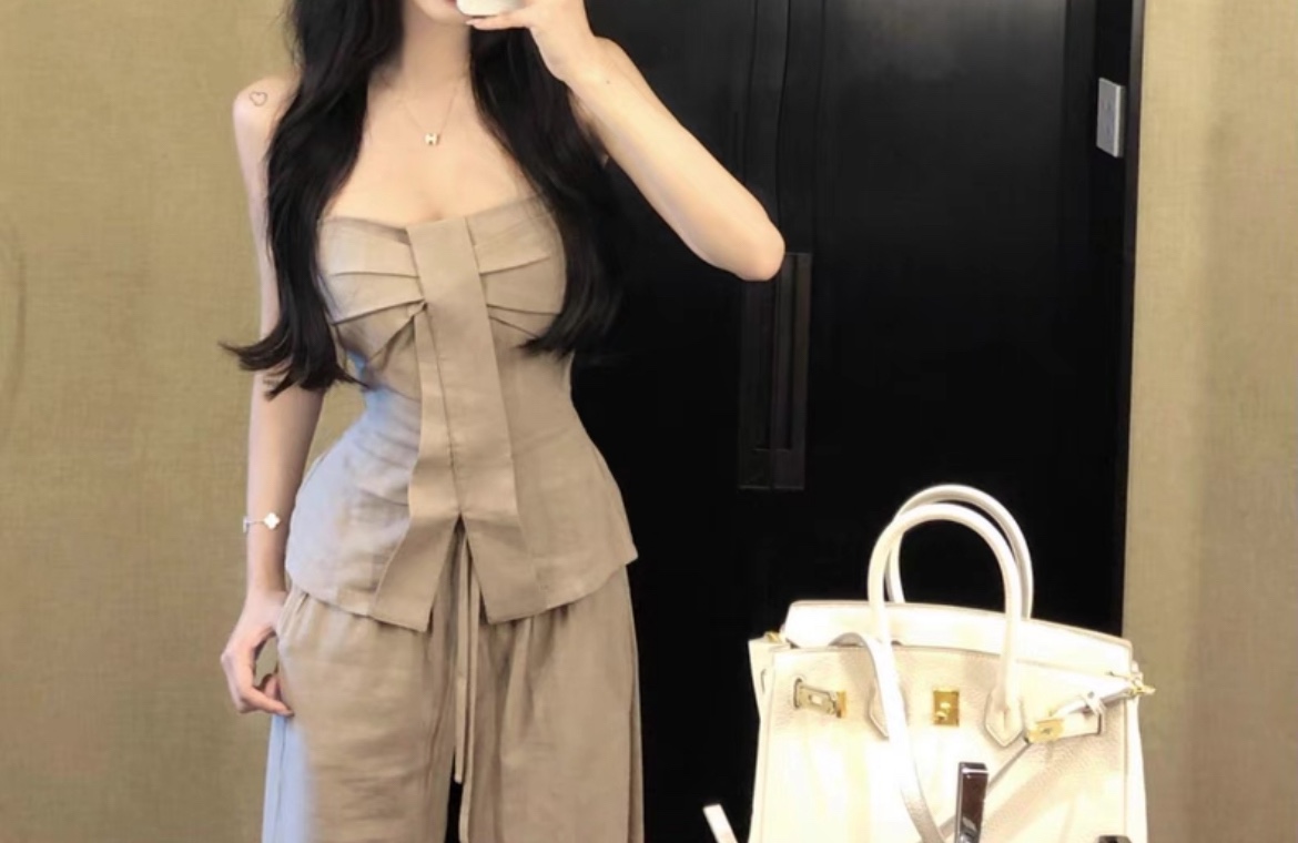 2color 리본 튜브탑 린넨 와이드 팬츠 투피스 셋업 프릴 튜브탑 린넨 팬츠 투피스 세트 섹시 투피스 글램 투피스 Bj 여캠 방송 홀복 클럽 파티룩 이벤트 페스티벌