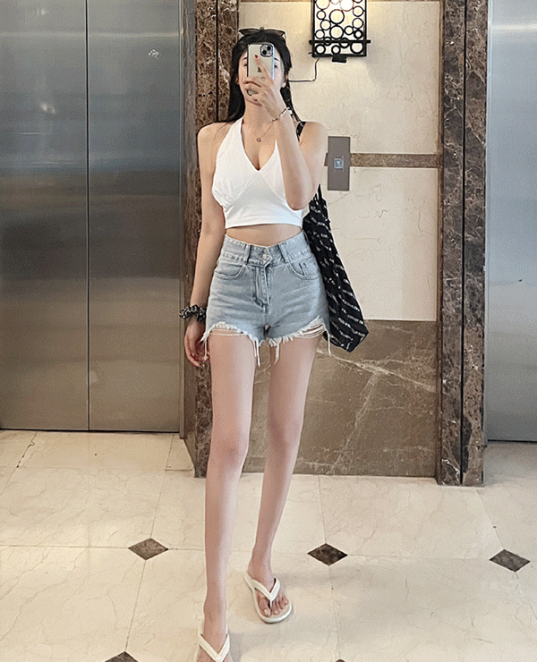 하이웨스트 워싱데님 숏팬츠(4칼라) - 에이블리