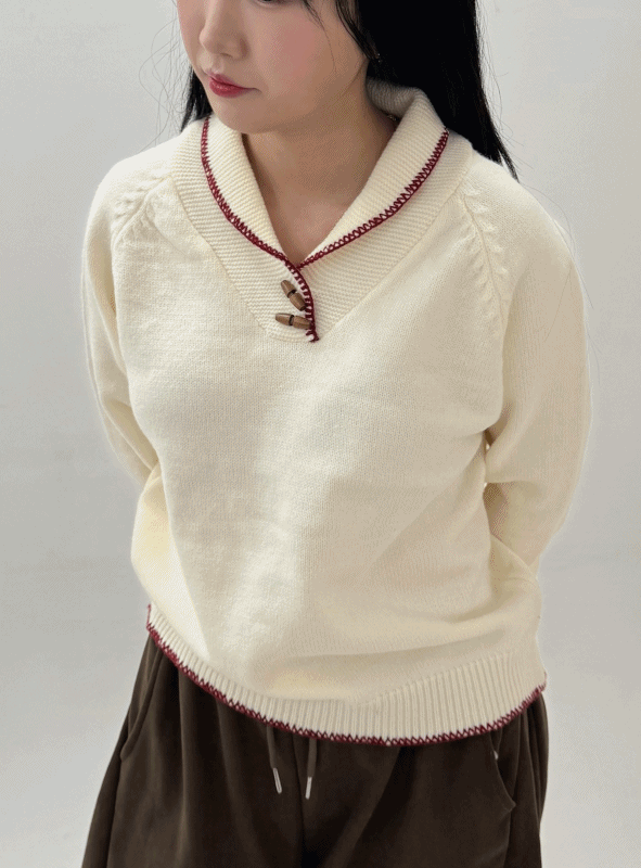 [2개묶음할인/캐쥬얼] 떡볶이 카라 니트 / 배색스티치 카라 단추 니트 - 에이블리