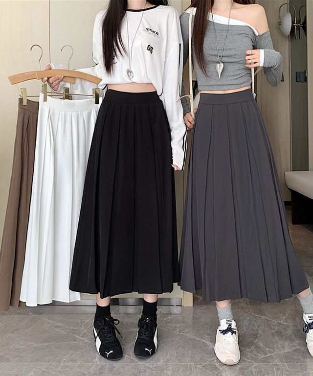 (4color / ~4XL) 빅사이즈 오버핏 루즈핏 허리 히든 밴딩 핀턱 A라인 플리츠 플레어 주름 롱 스커트 - 에이블리