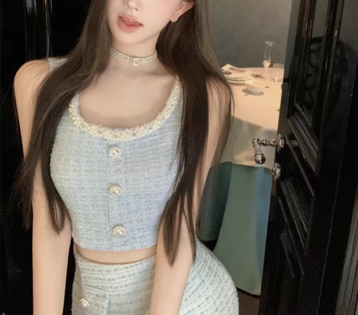 2color 트위드 투피스 셋업 트위드 나시 탑 비즈 트위드 보석 트위드 큐빅 단추 탑 트위드 미니 스커트 비즈 미니 스커트 보석 미니 스커트 섹시 투피스 글램 투피스