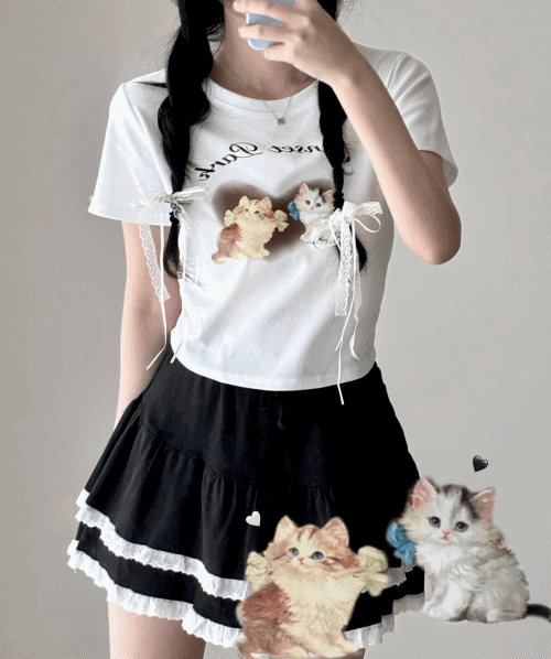 [키치력1000 ] 리본 캣 고양이 레터링 반팔 크롭 티셔츠 에이블리