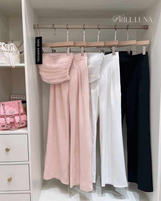 투피스set미친핏감캡내장하이퀄 셔링 튜브탑 핀턱 와이드 팬츠 투피스 세트 3color 망사탑 밴딩탑 뷔스티에 튜브탑 나시탑 셔링탑 핀턱팬츠 핀턱 와이드 팬츠