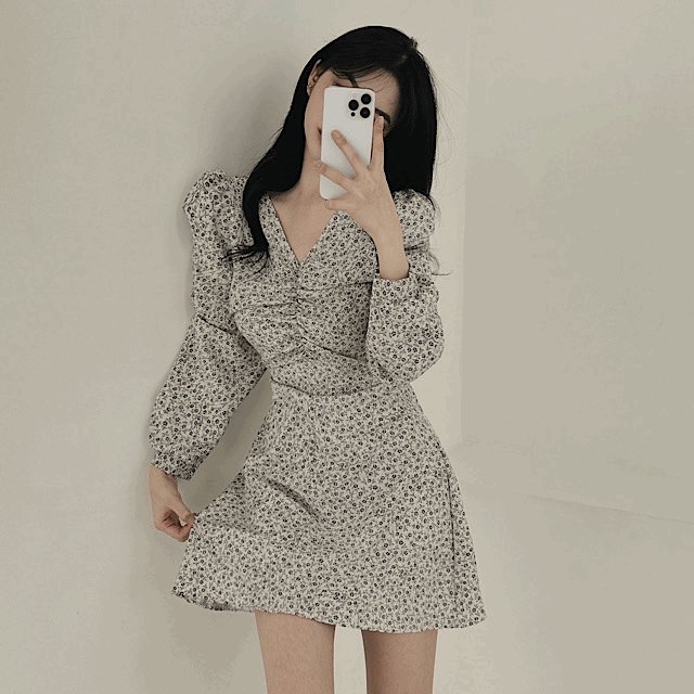 [뒷리본 ] 잔꽃 플라워 셔링 퍼프 미니원피스 2color 에이블리
