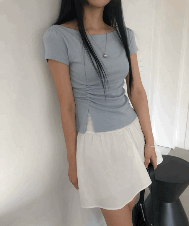 [주문폭주 당일발송] 여리핏 보트넥 오프숄더 셔링 트임 반팔티 4color 에이블리