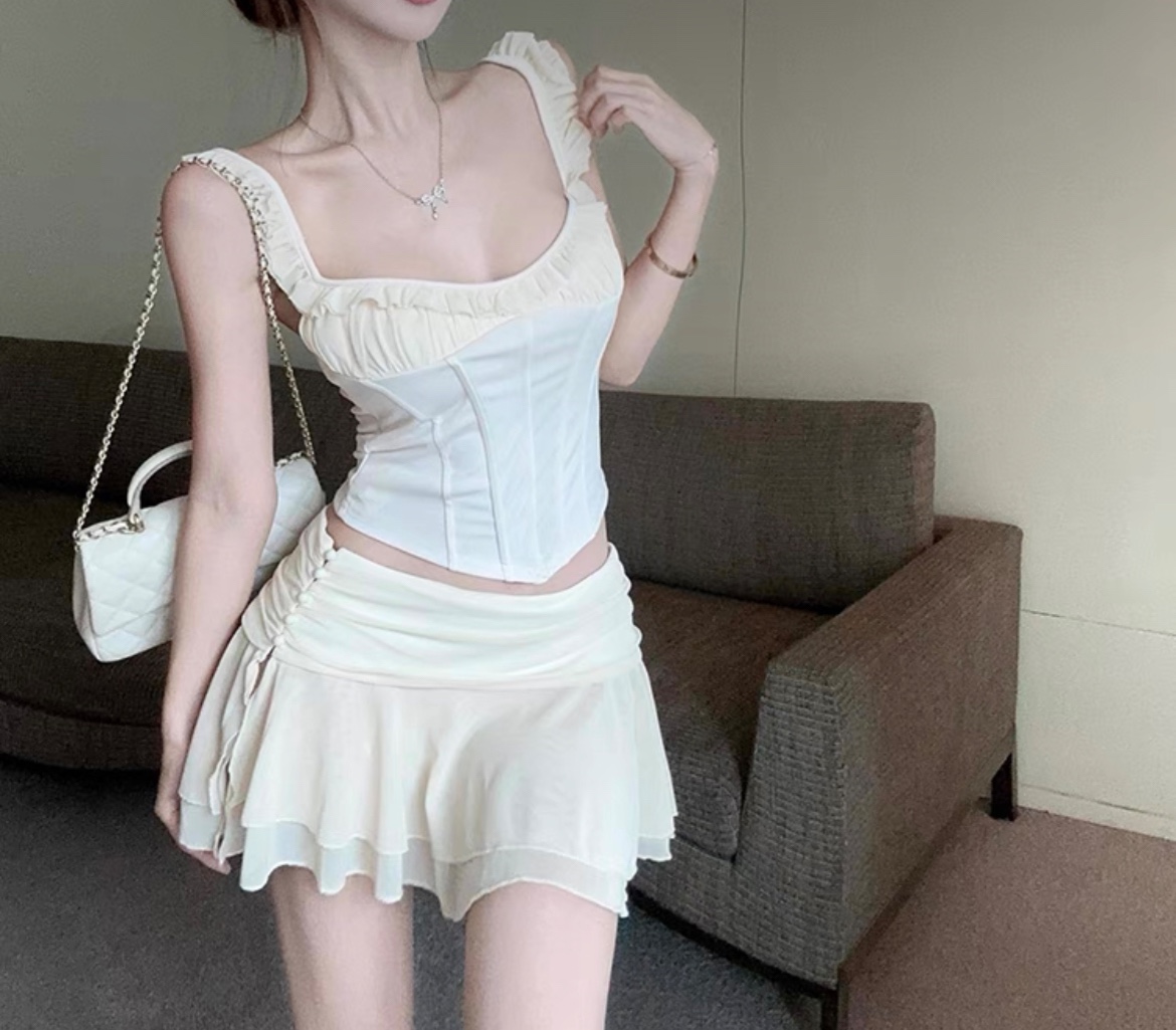 프릴 투피스 셋업 프릴 민소매 나시 플리츠 미니 스커트 투피스 세트 발레코어룩 휴양지 바캉스룩 섹시 투피스 글램 투피스 Bj 여캠 방송 홀복 클럽 파티룩 이벤트 페스티벌